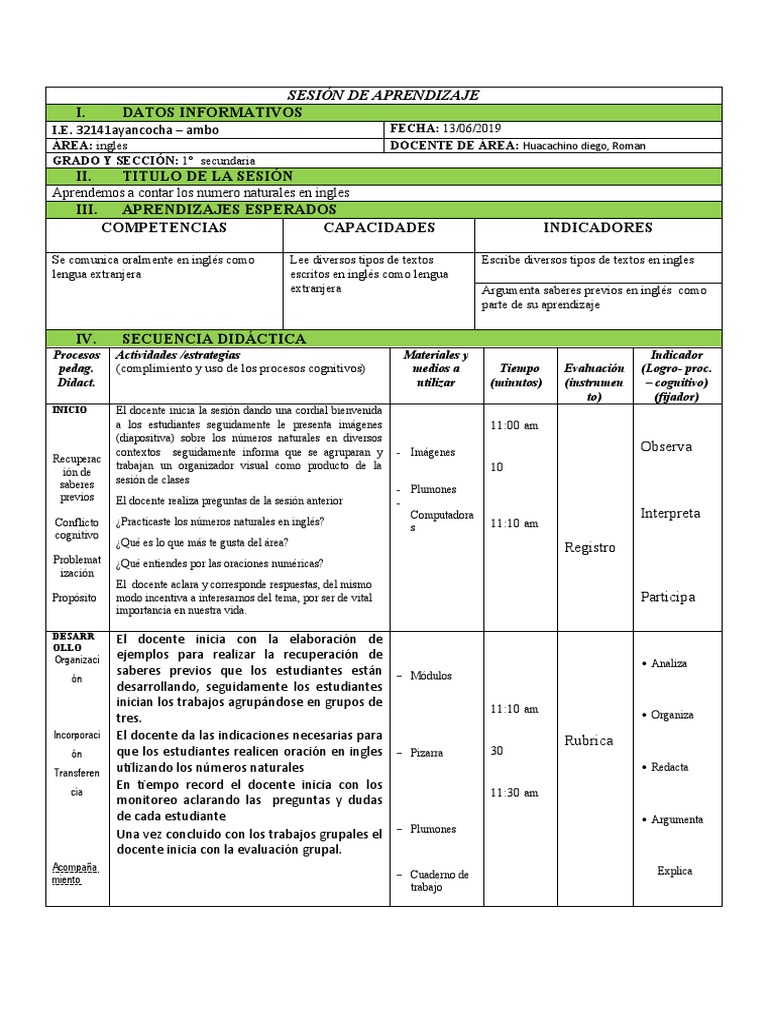 SESIÓN DE APRENDIZAJE Ingles | PDF | Neuropsicología | Aprendizaje