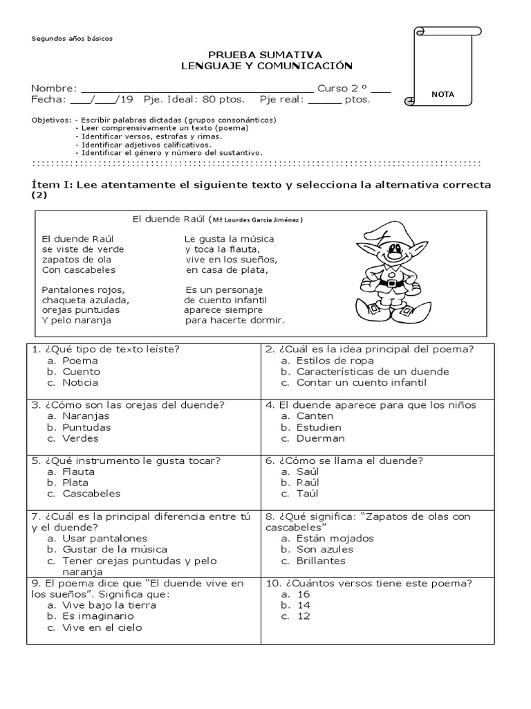 Prueba Poemas, Adjetivos Genero y Número | PDF