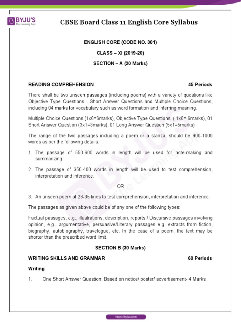 CBSE Board Class 11 English Core Syllabus | PDF | Question | Reading ...