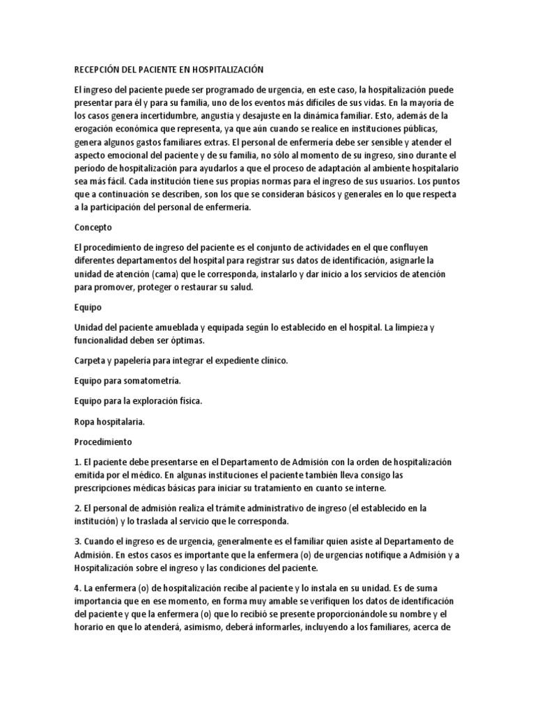 Recepción Del Paciente en Hospitalización | PDF | Hospital | Enfermería