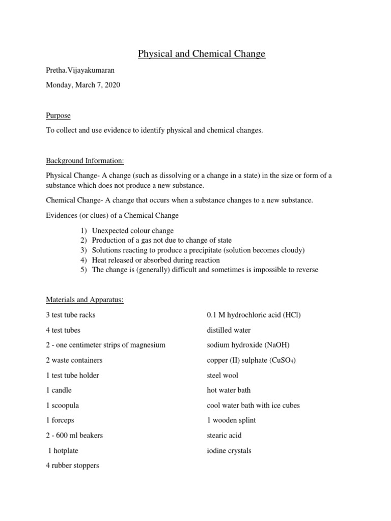 Physical and Chemical Change Lab Report | PDF