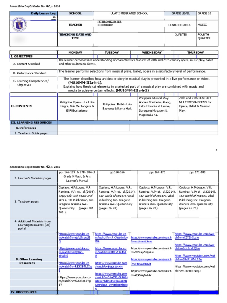 DLL G10 MAPEH March 2-5, 2020 | PDF | Musical Theatre | Multimedia