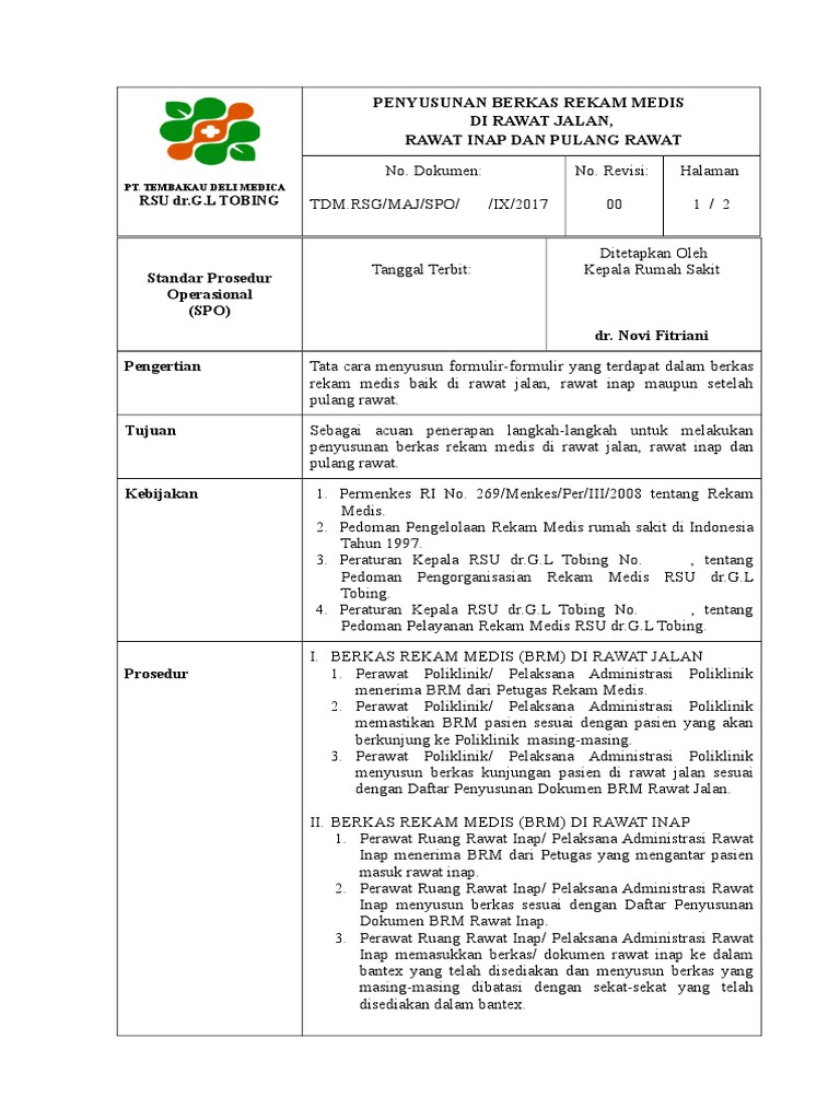 14.SPO Penyusunan BRM Di RJ, RI Dan Pulang Rawat | PDF | Sains & Matematika