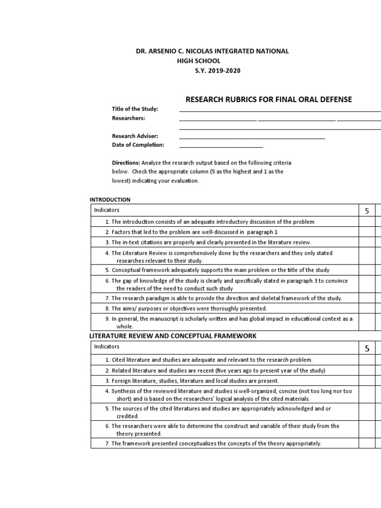 Research Rubrics for Final Oral Defense | PDF | Statistics | Epistemology