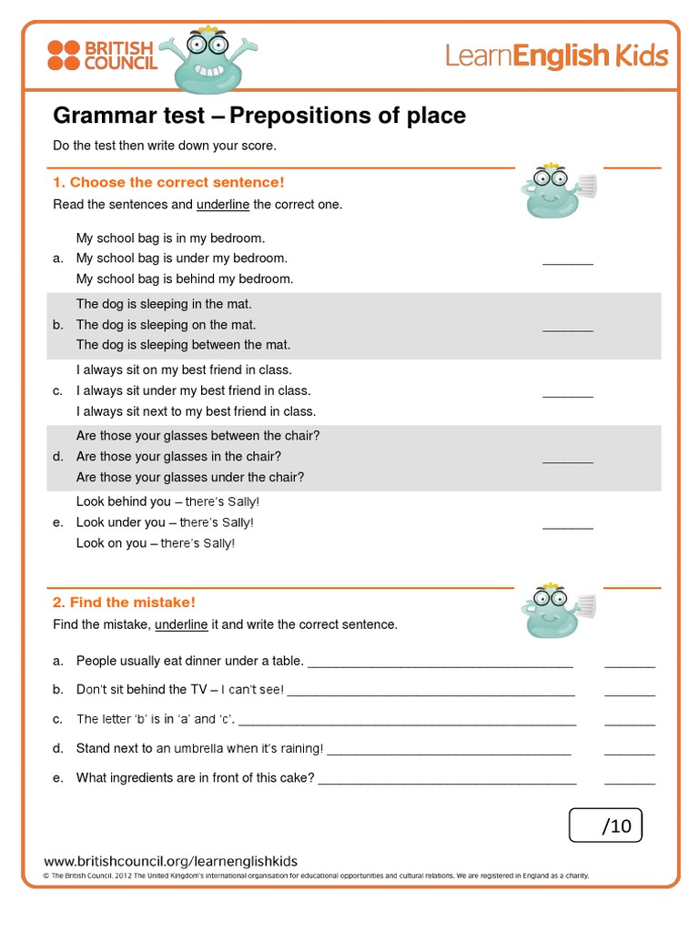 Grammar Practice Prepositions of Place | PDF | Language Arts & Discipline