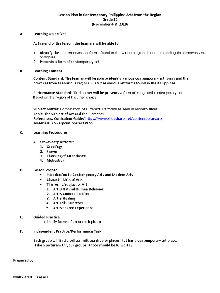 Contemporary Philippine Arts Lesson Plan | PDF | Lesson Plan ...