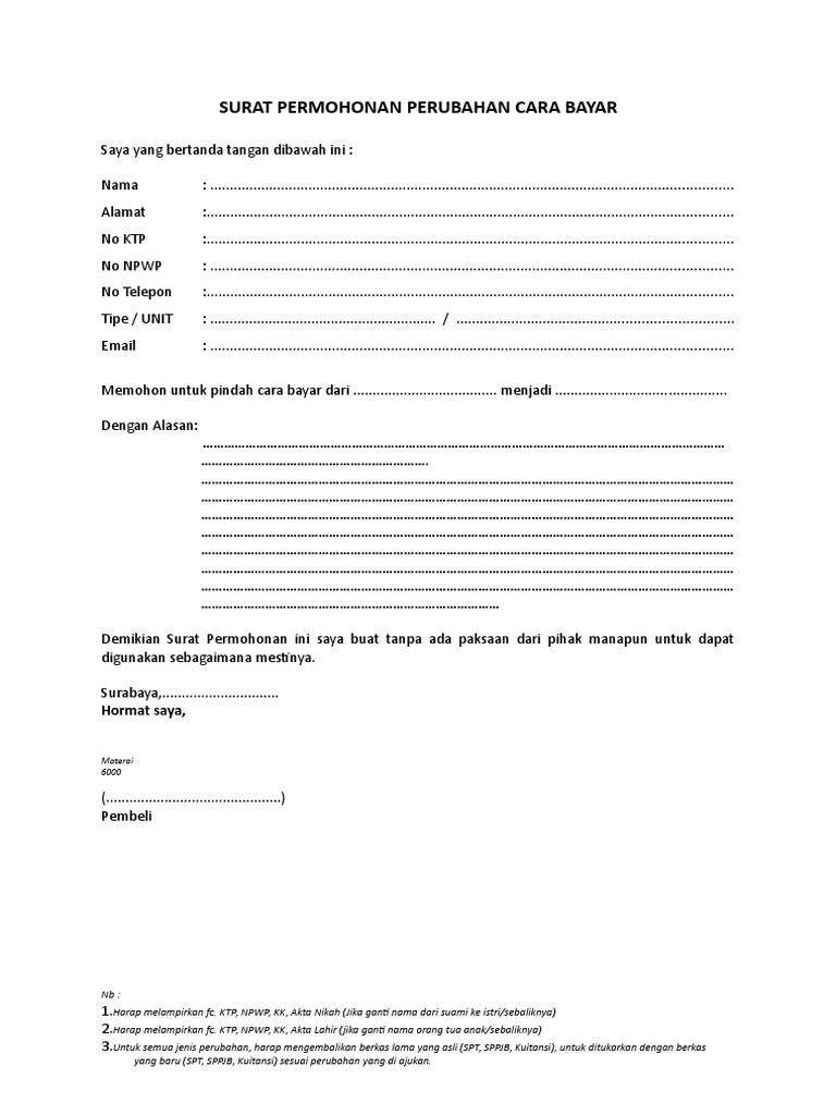 Surat Permohonan Perubahan Cara Bayar | PDF
