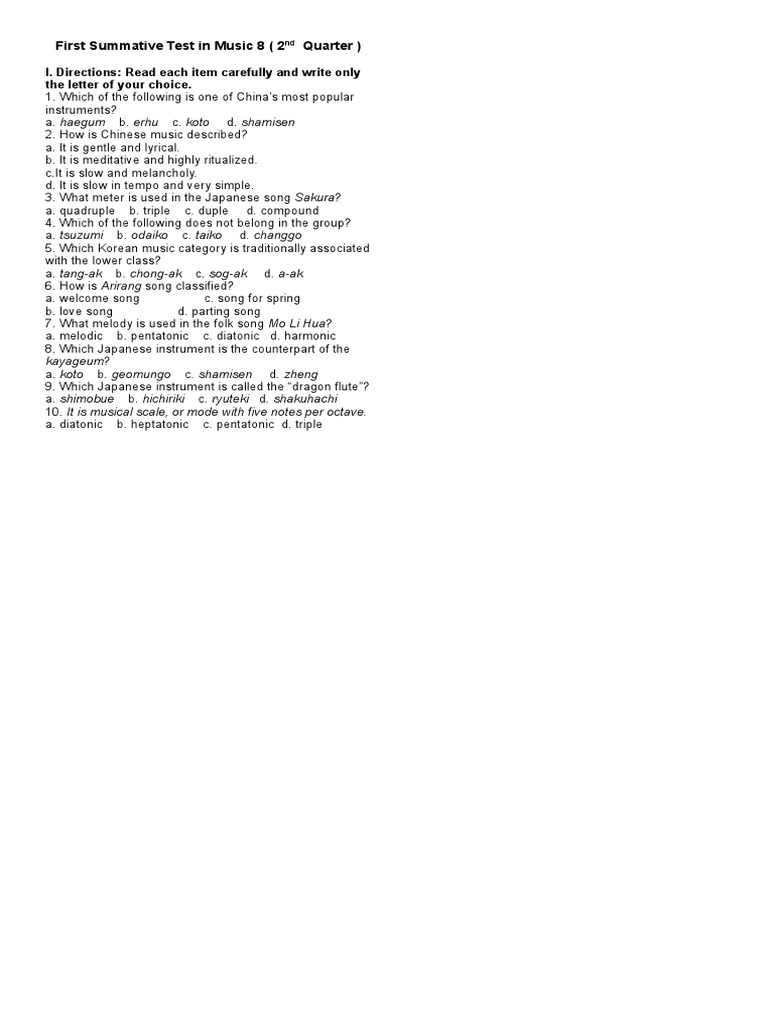 First Summative Test in Music 8 | PDF