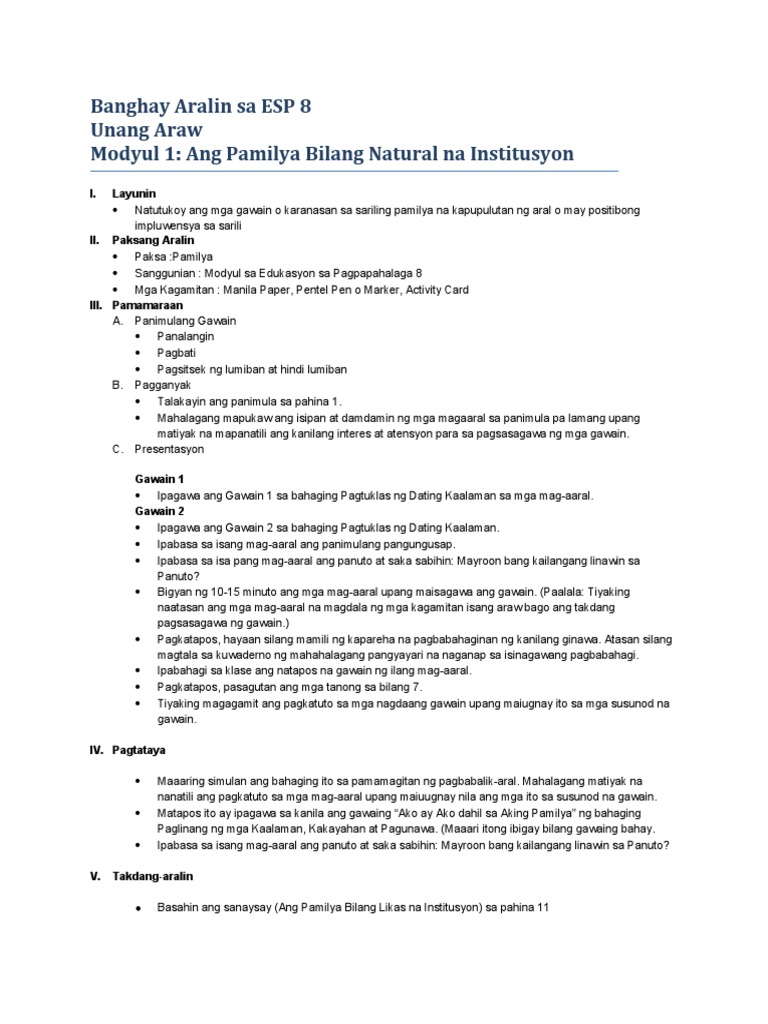 Lingguhang Banghay Aralin Sa ESP 8 | PDF