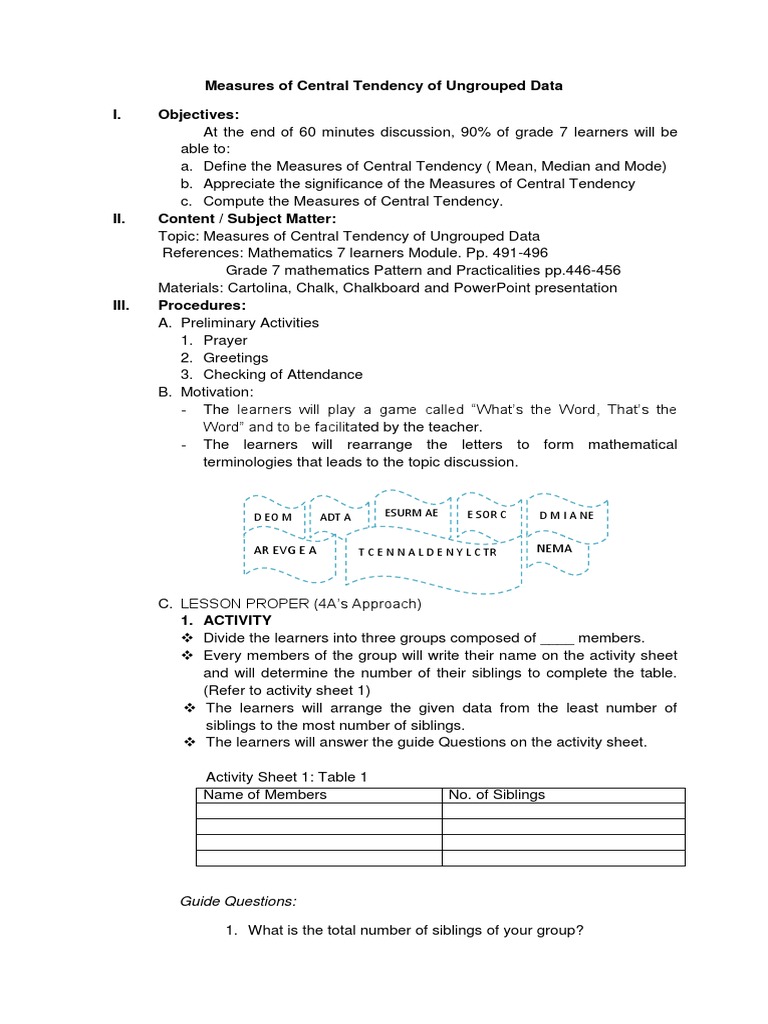 MTH Lesson Plan | PDF | Mean | Median