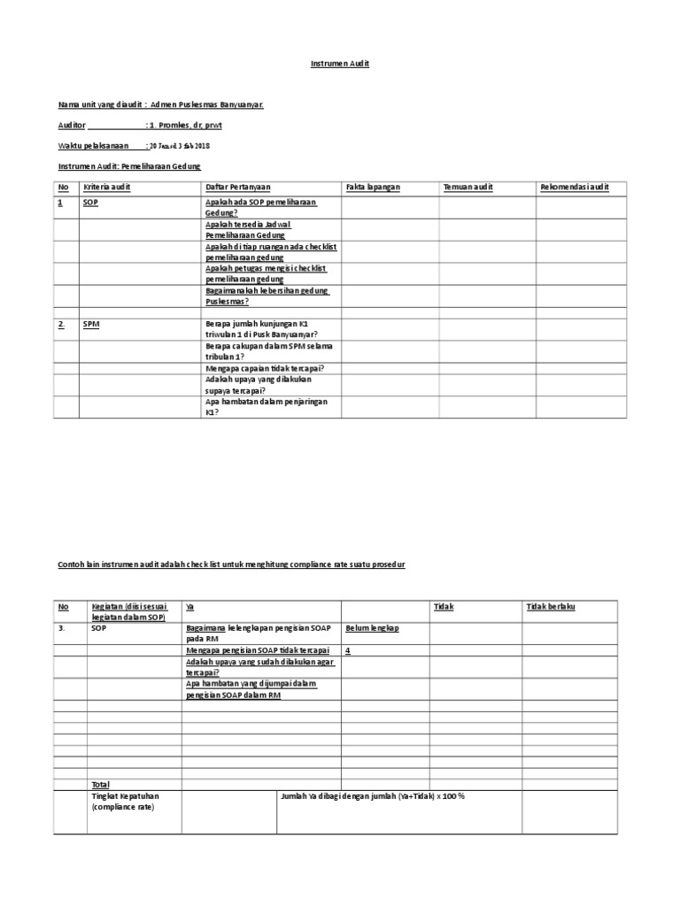 CONTOH INSTRUMEN AUDIT INTERNAL Kelengkapan RM | PDF