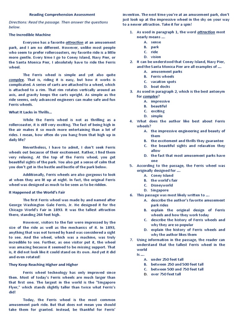 Reading Comprehension Assessment | PDF | Amusement Park