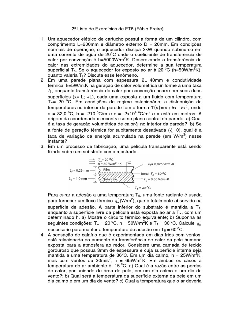 2 Lista de Exercícios de FT6 PDF | PDF | Transferência de calor | Calor
