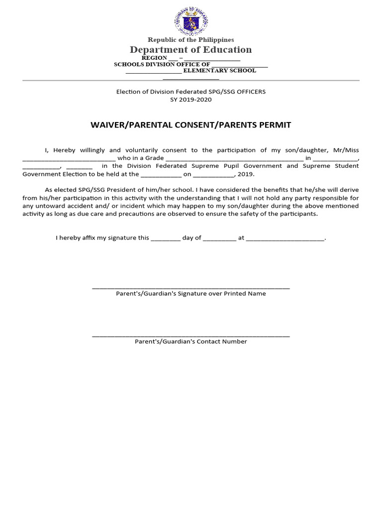 Waiver Parental Consent Parents Permit SPG | PDF
