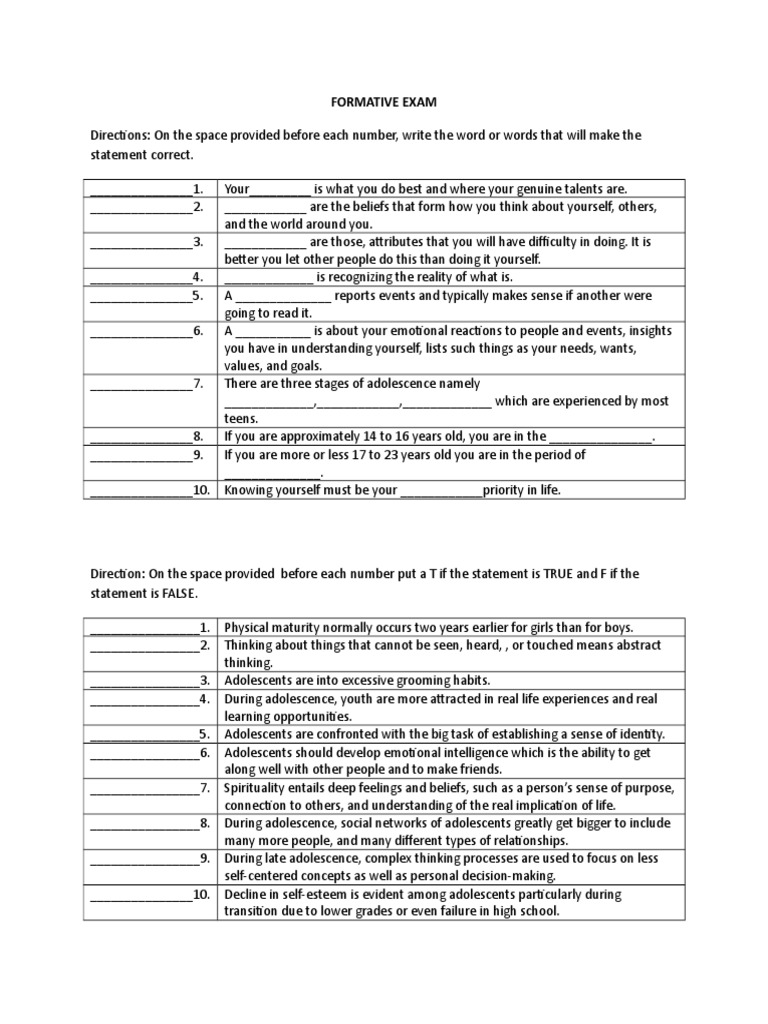 Formative Exam Personal Development | PDF | Adolescence | Depression (Mood)