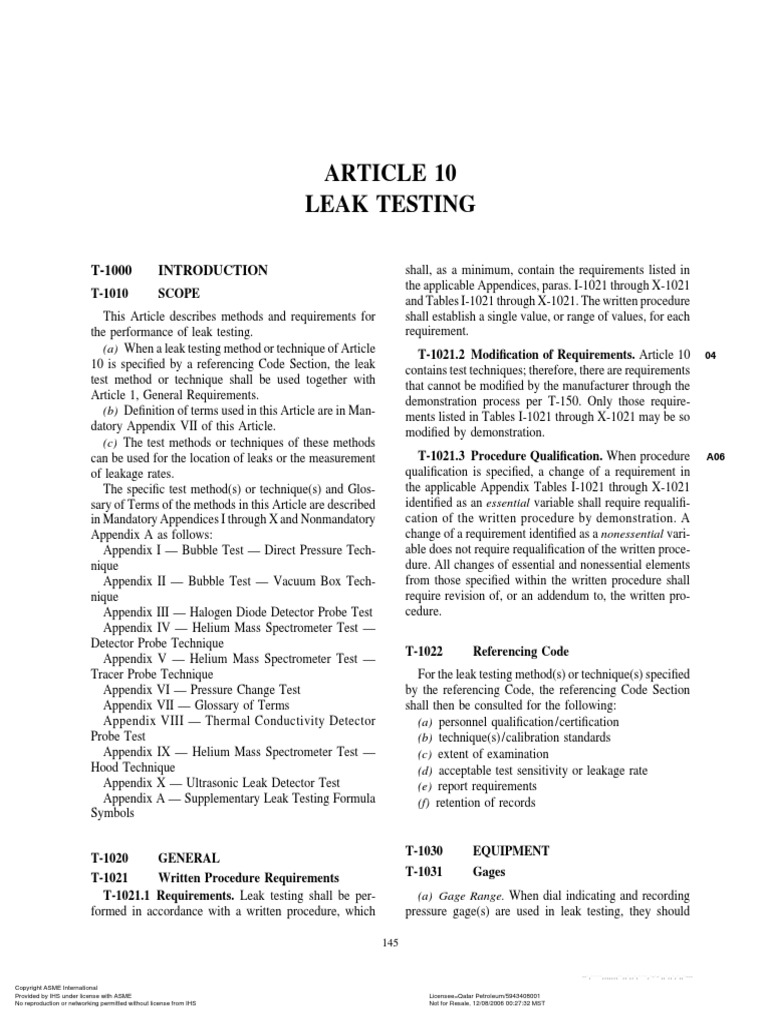 Asme Sec V A-10-2006 PDF | PDF | Leak | Vacuum