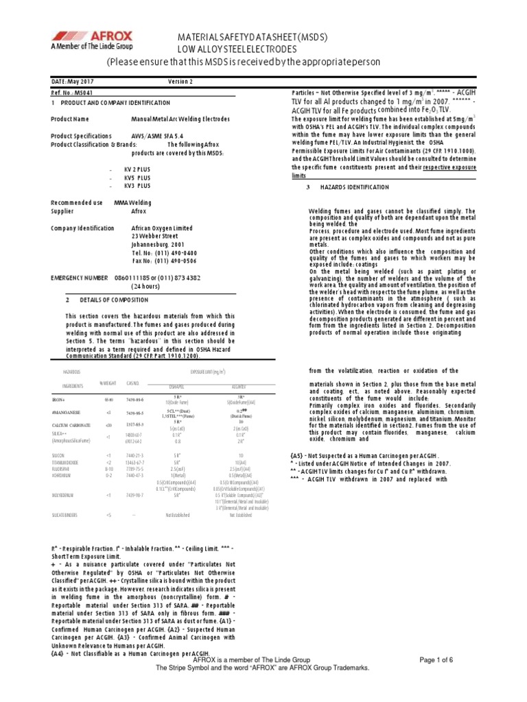 MSDS Low Alloy Steel Electrodes - Docx - 2 - tcm266-416007 | PDF ...