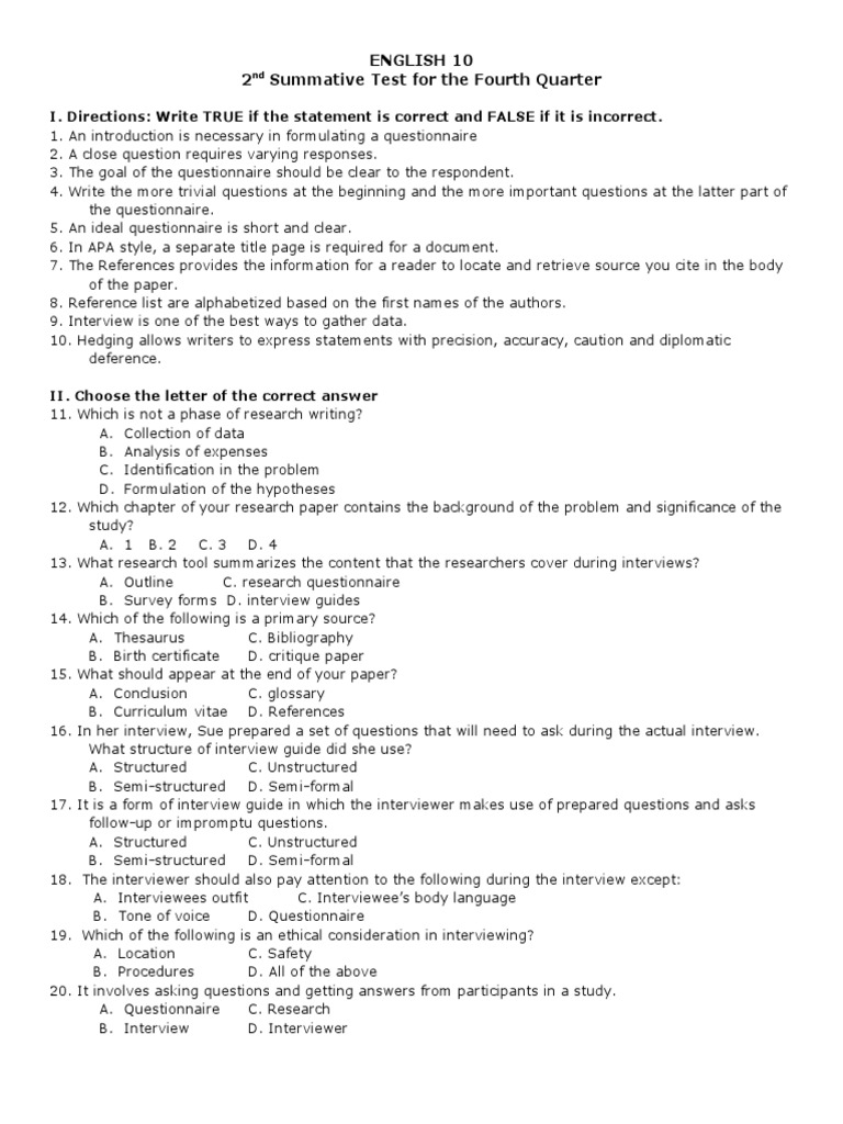 Summative Test in English 10 | PDF | Questionnaire | Interview