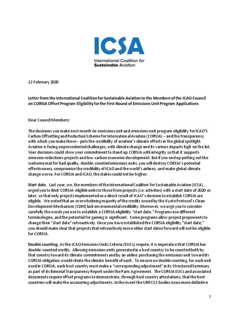 ICSA Letter To The ICAO Council | Download Free PDF | Carbon Offset ...