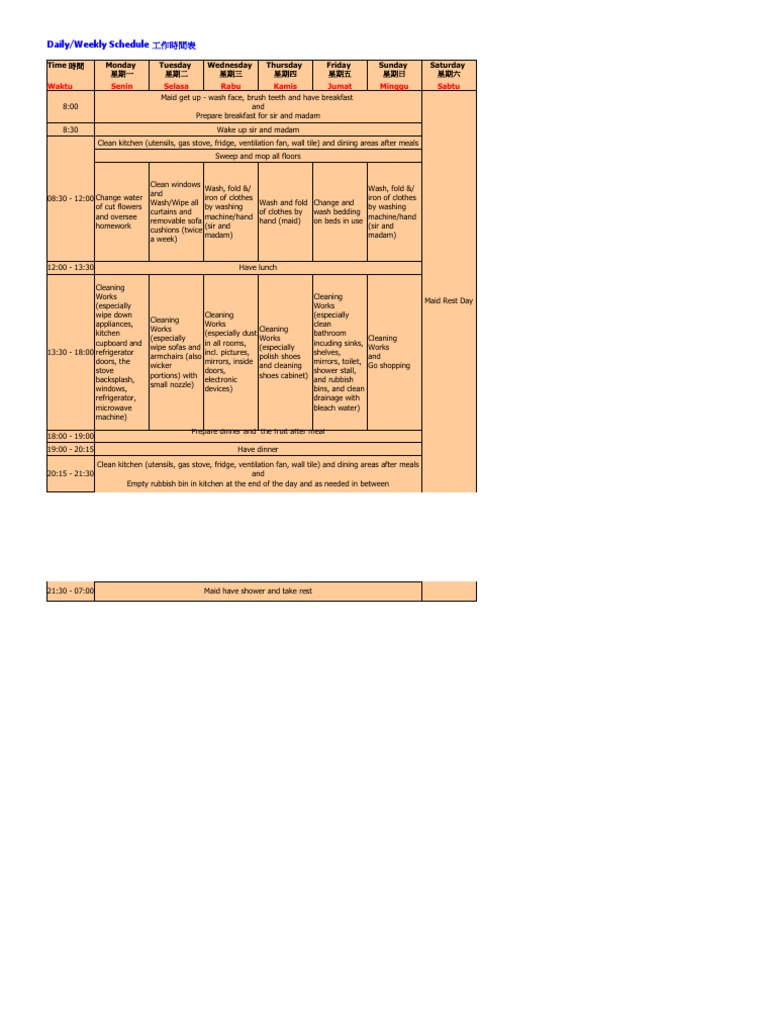 2020 Maid Daily Weekly Schedule 工作時間表 | PDF | Kitchen | Home