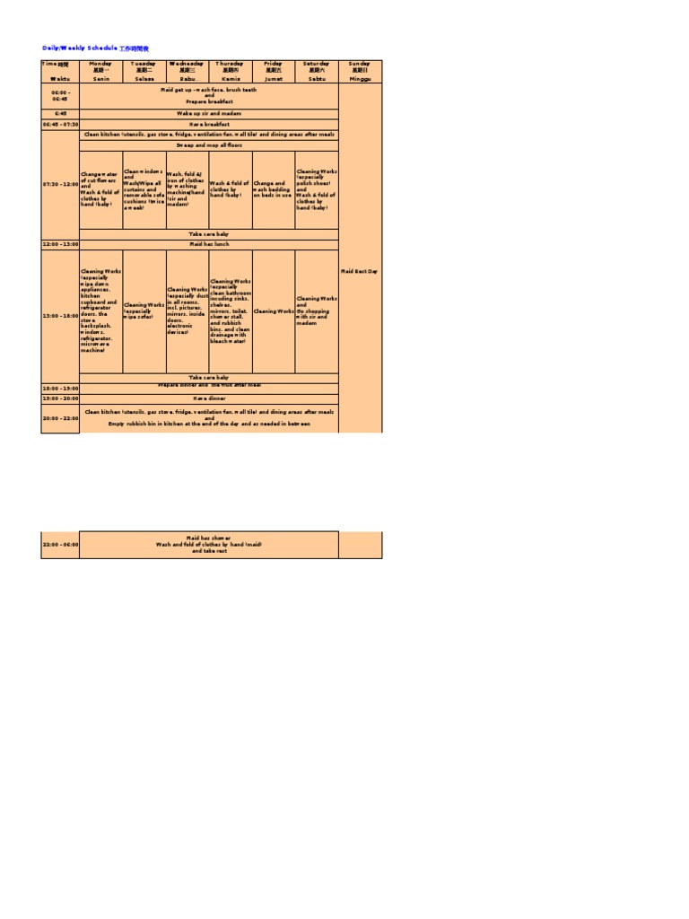 Daily Maid Work Schedule Template | PDF | Kitchen | Meal