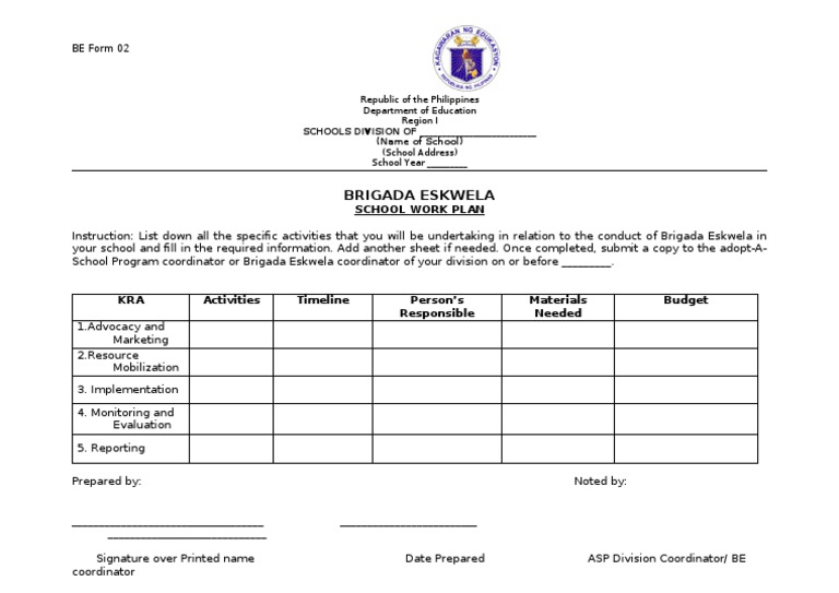 BE Form 2 SCHOOL WORK PLAN | PDF