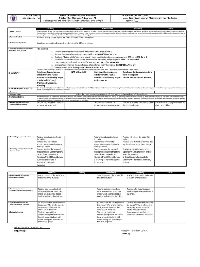 Grade 11 Contemporary Arts Lesson Plan | PDF | Curriculum | Teaching