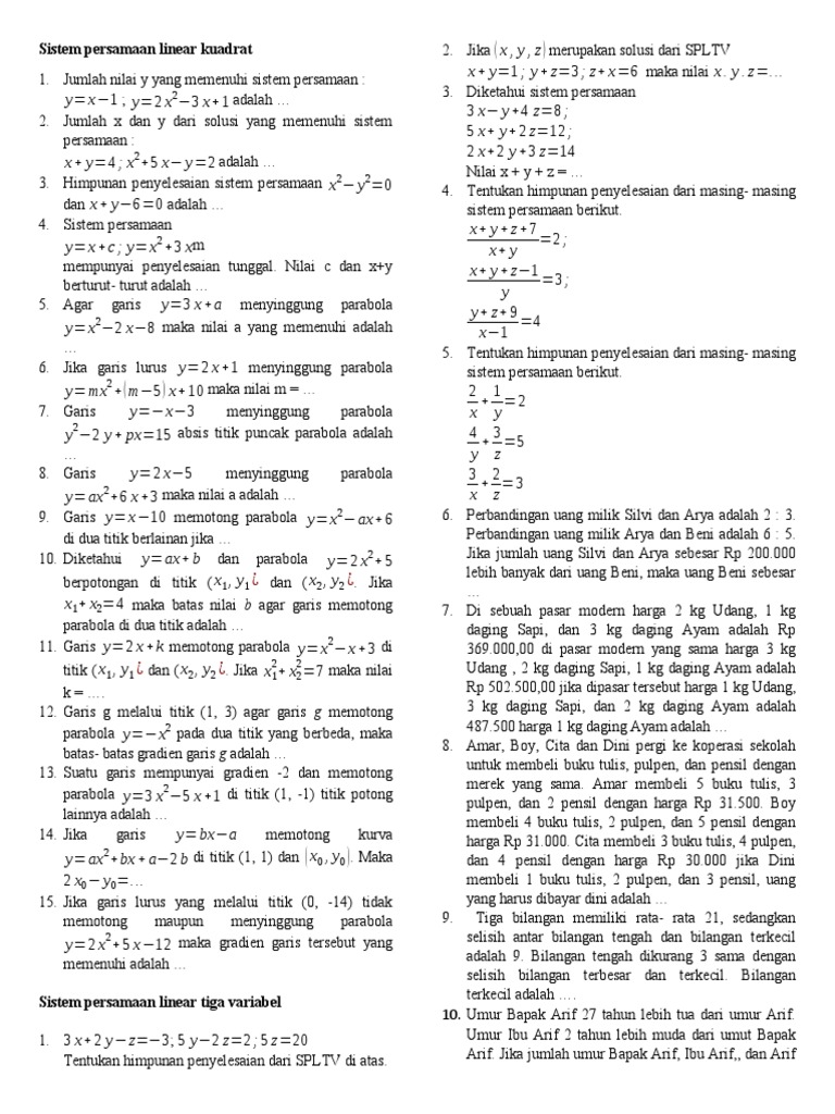 Soal Latihan Persamaan Linear 3 Variabel Dan Sistem Persamaan Linear ...