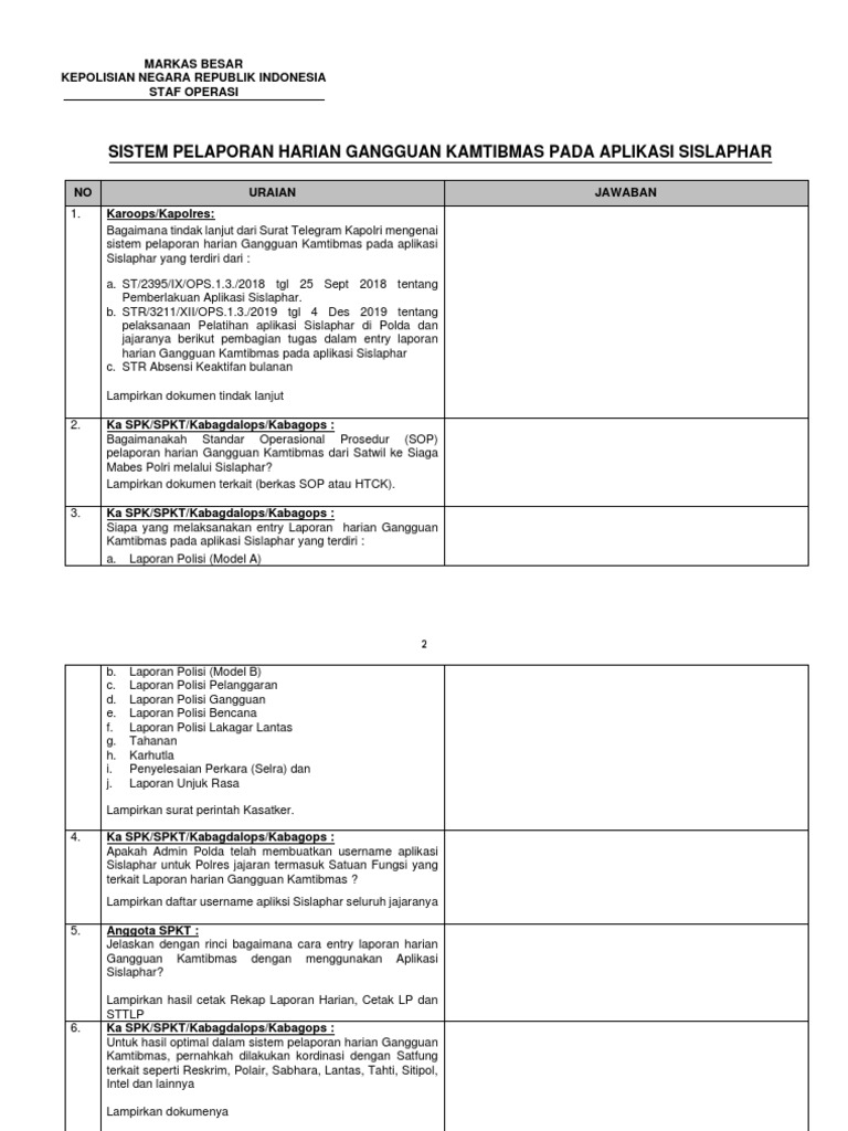 Cek List Supervisi Perkap 7 Aplikasi Sislaphar (No Jawab) PDF | PDF