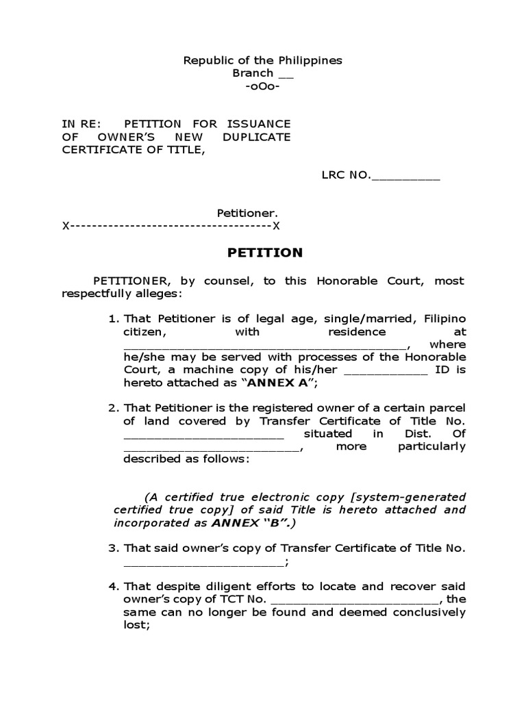 Petition For Issuance of Owner's Duplicate Title | PDF | Private Law ...
