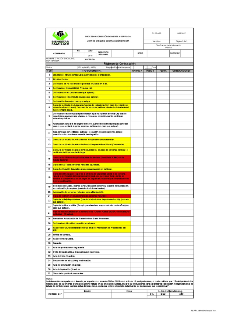 F1.p5.abs Formato Lista de Chequeo Contratacion Directa v4 | PDF | Gobierno