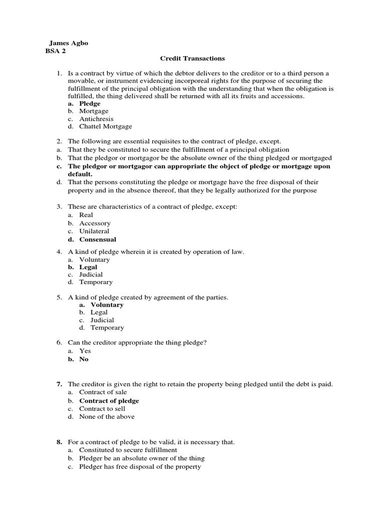Credit Transactions (100 Items Questionnaire) | PDF | Mortgage Law ...