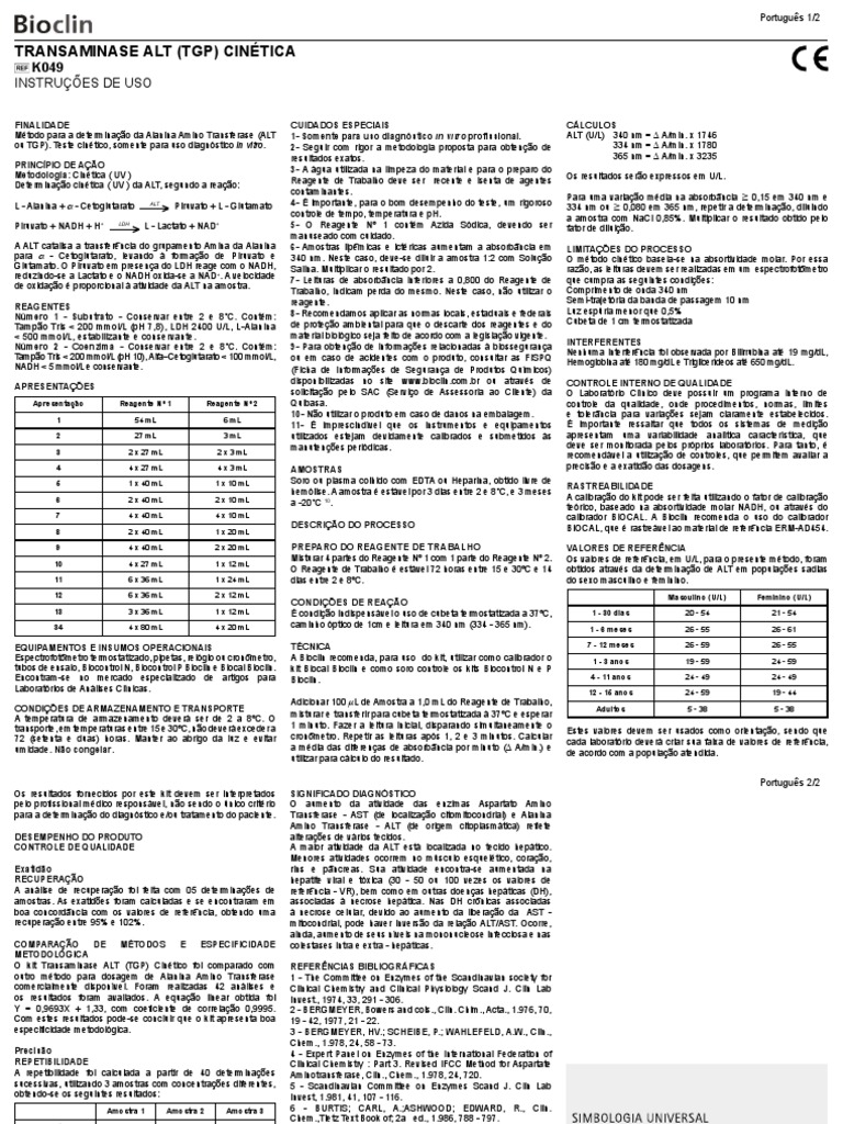 Instrucoes Transaminase Alt TGP Cinetica | PDF | Cinética Química | Química
