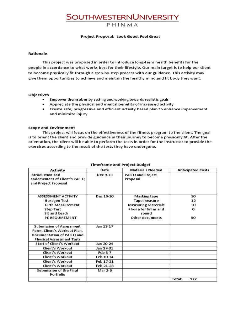 Project Proposal Format | PDF | Physical Fitness | Psychological Concepts