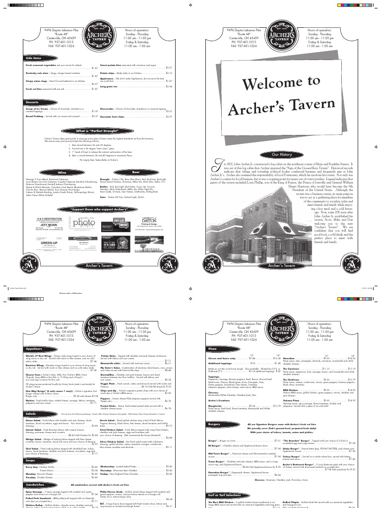 Archers Tavern Menu | PDF | Salad | Hamburgers