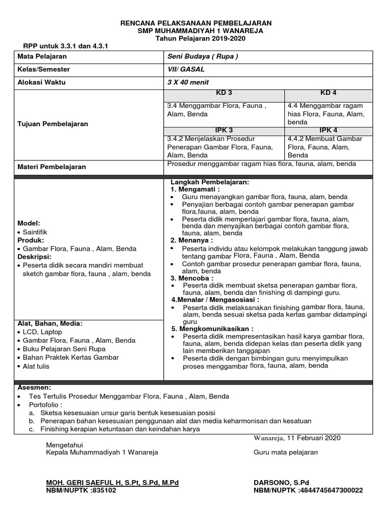 RPP Kelas 7 Seni Rupa Semester 1-2 | PDF