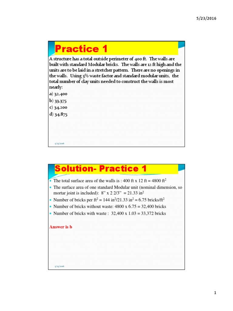 Estimating - Practice Solutions PE Civil | PDF | Brick | Lumber