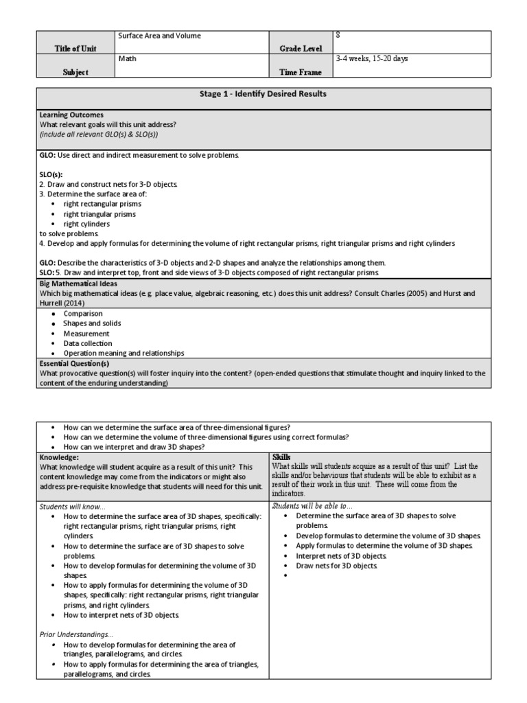 Surface Area and Volume - Math 8 Unit For Weebly | PDF | Area | Circle