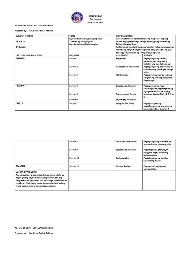 Unit Learning Plan | PDF