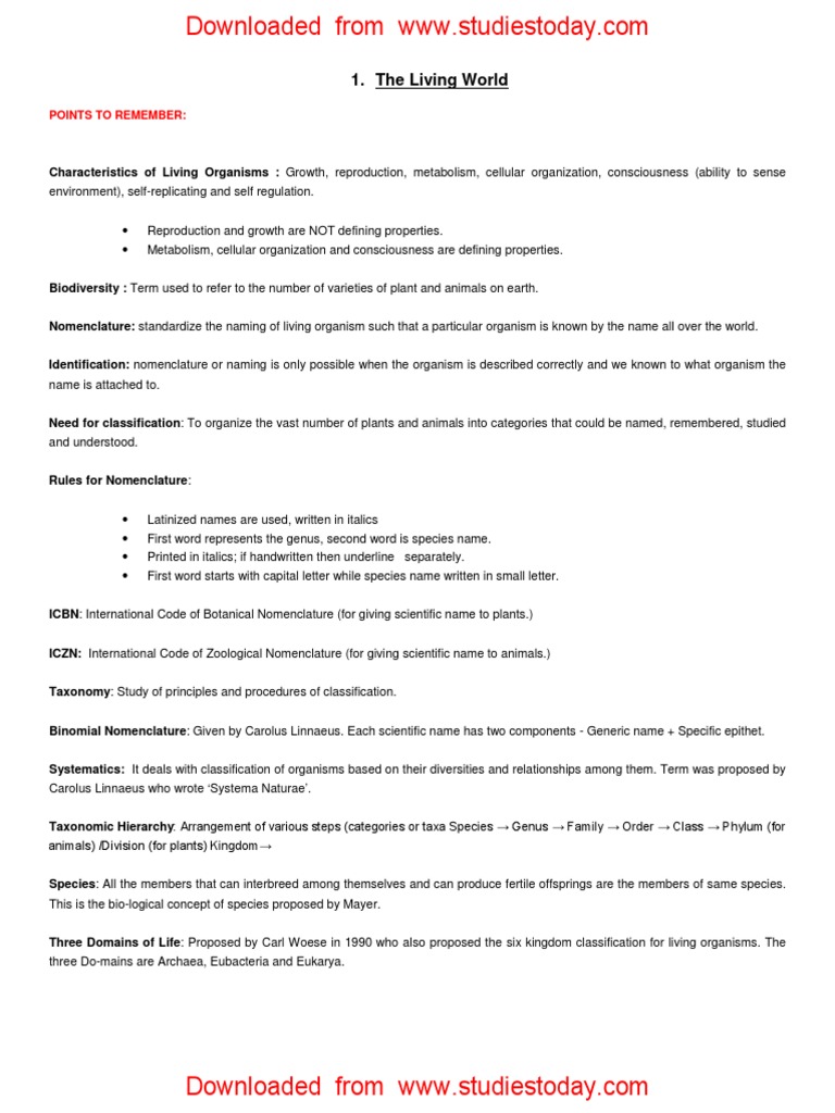 01 - CBSE Class 11 Biology The Living World Notes | PDF | Taxonomy ...