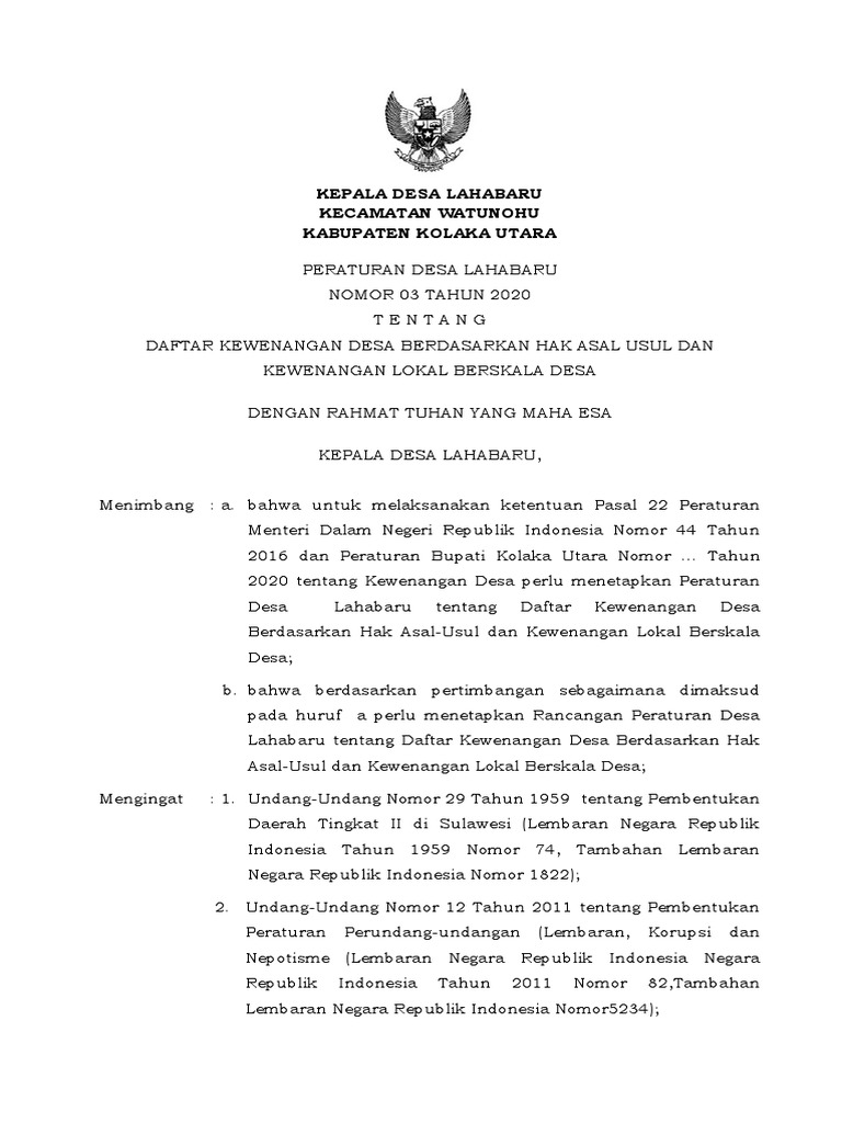 CONTOH PERDES Kewenangan Desa | PDF