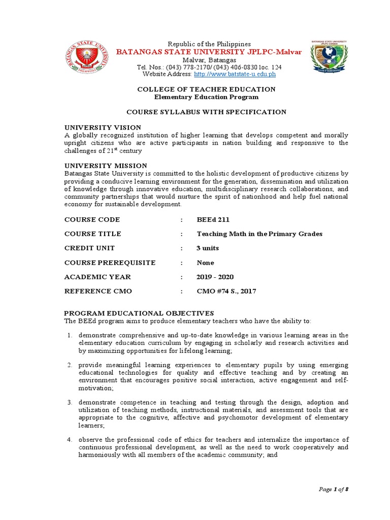 Syllabus Teaching Primary Math | PDF | Educational Assessment ...