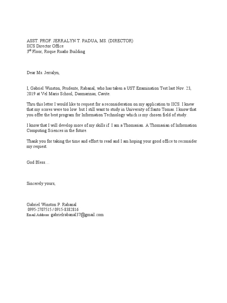 UST Reconsideration Letter | PDF | Wellness