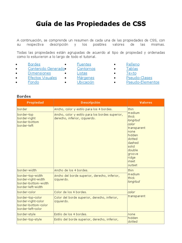 Guía completa de las propiedades de CSS: descripciones y valores | PDF ...