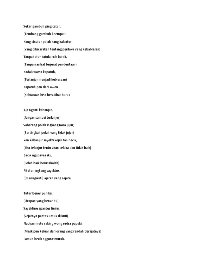 Lirik dan Arti Sekar Gambuh Ping Catur | PDF | Agama & Spiritualitas ...