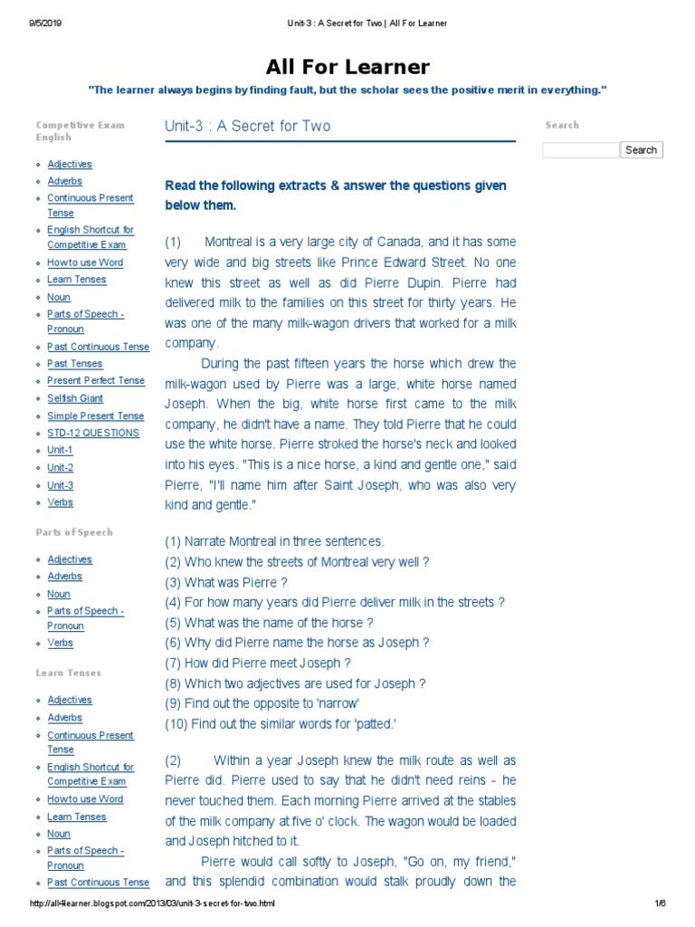 Unit-3 - A Secret For Two - All For Learner | PDF | Part Of Speech | Verb