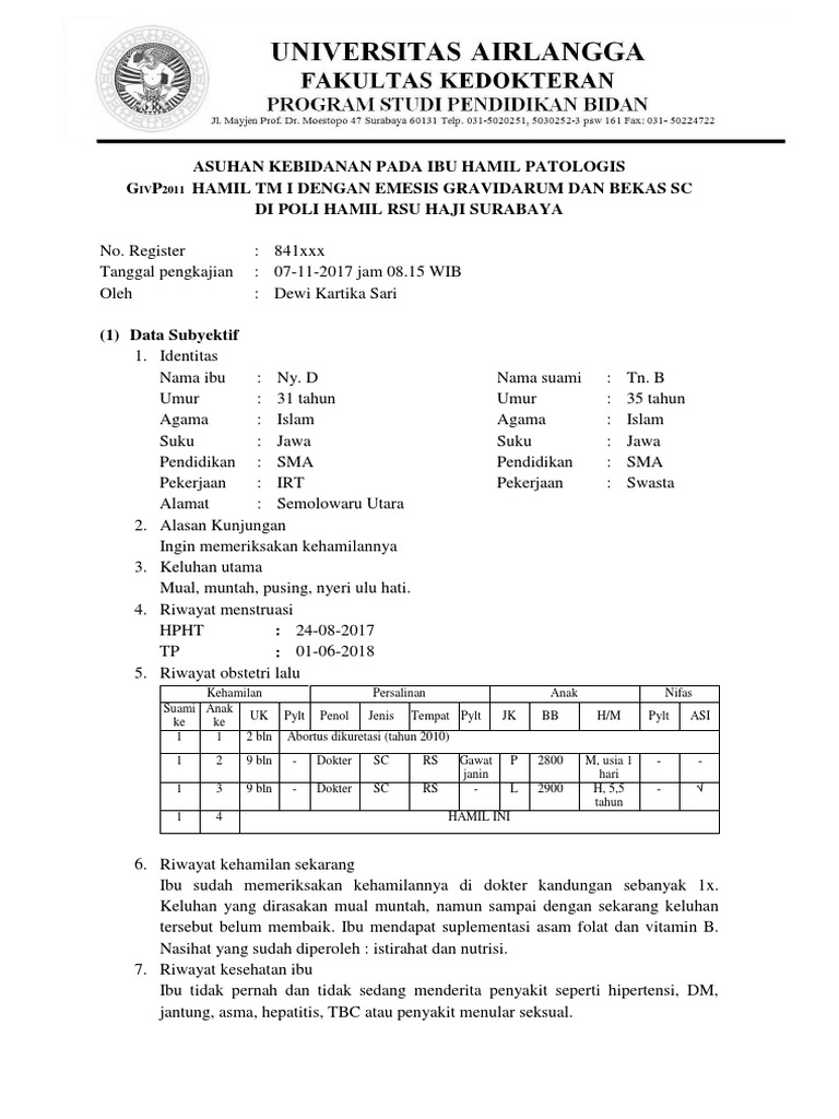 Soap Askeb Ibu Hamil Emesis + Bekas SC | PDF