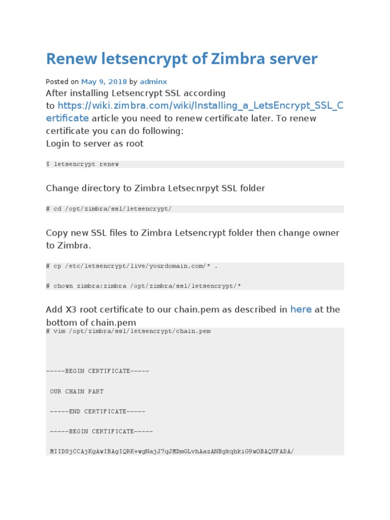 Renew Letsencrypt of Zimbra Server | PDF | Public Key Certificate | Transport Layer Security