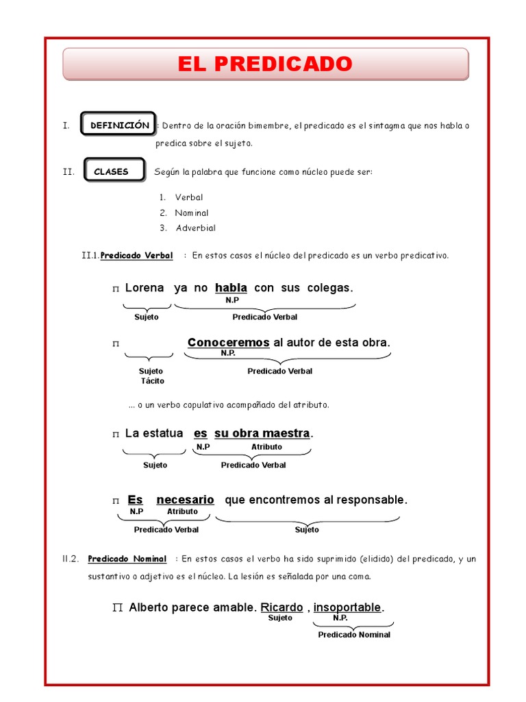 Definición y Clases del Predicado | PDF | Predicado (Gramática) | Adverbio