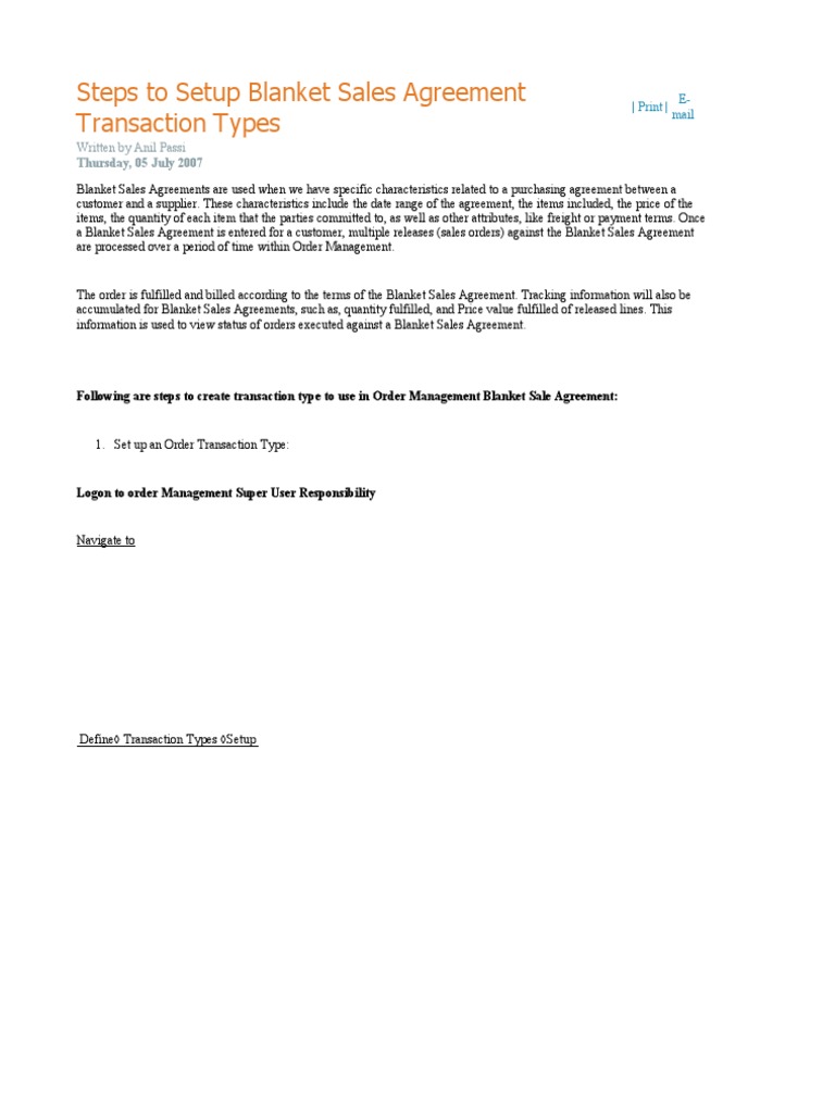 Steps To Setup Blanket Sales Agreement Transaction Types | PDF ...